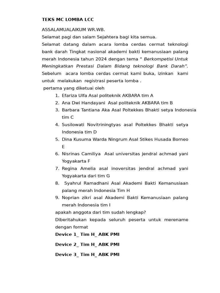 Teks MC Lomba Cerdas Cermat 2024 | PDF