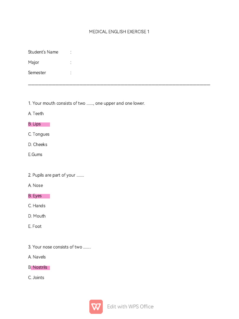 Medical English Exercises with Answers | PDF | Finger | Hand