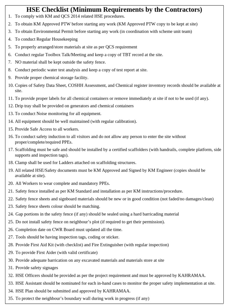 HSE Checklist (09.03.2025) | PDF | Safety