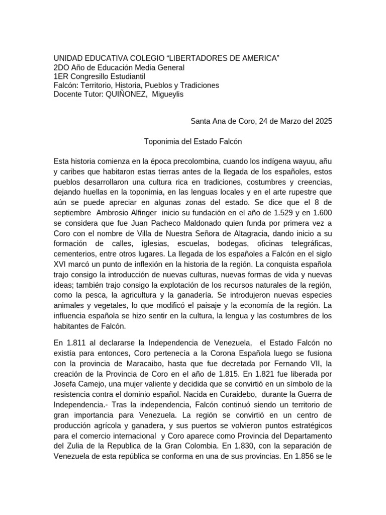 Historia y Cultura del Estado Falcón | PDF | Venezuela