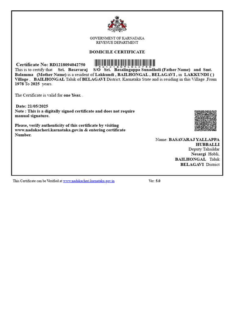 RD1218094042750 Domicile Certificate | PDF