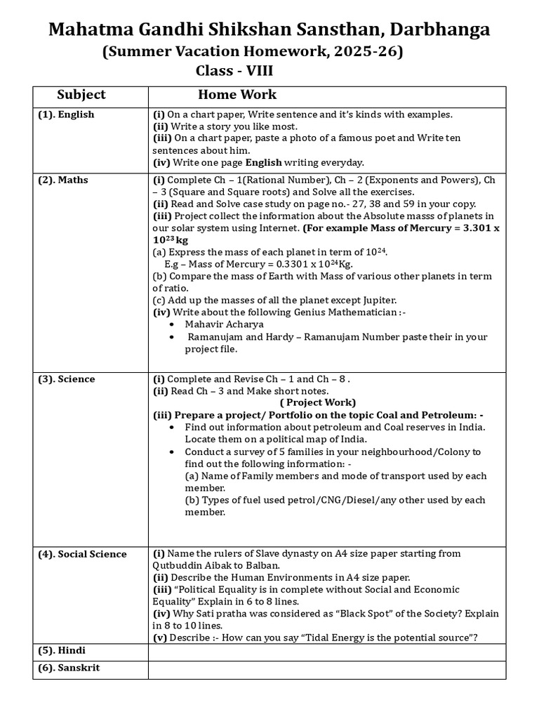 Class 8 Summer Homework 2025-26 | PDF | Planets | Astronomy