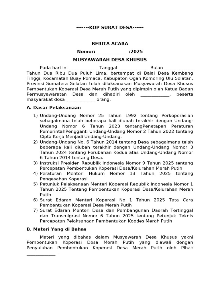 Berita Acara Musdessus Koperasi Merah Putih | PDF