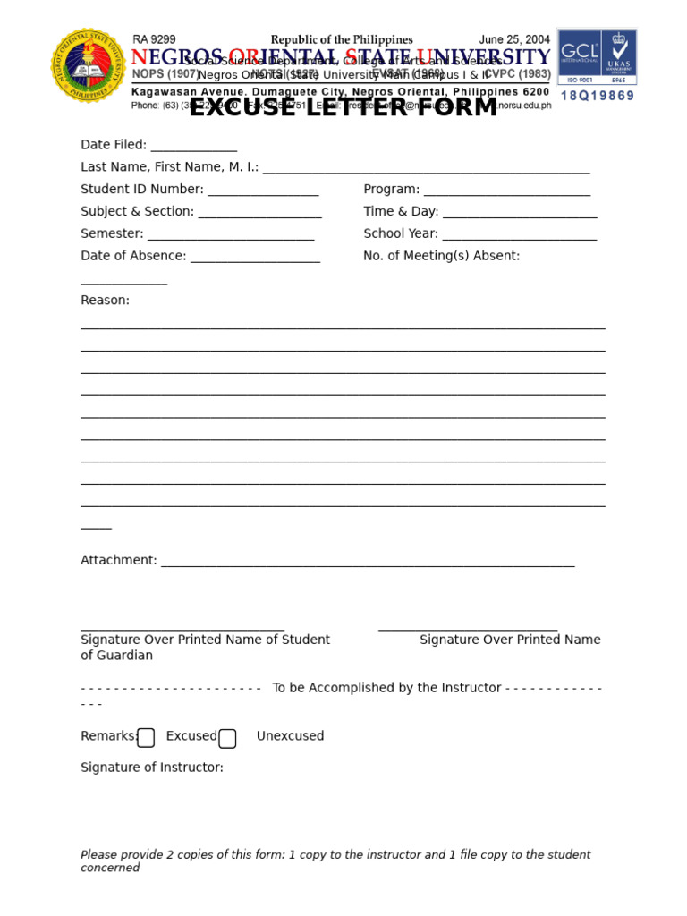 Excuse Letter Form for Students | PDF