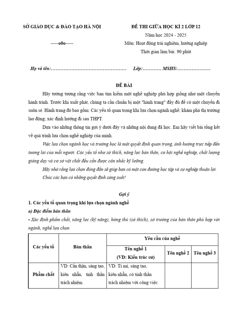 Đề kiểm tra - GHK2 - HDTN 12 | PDF