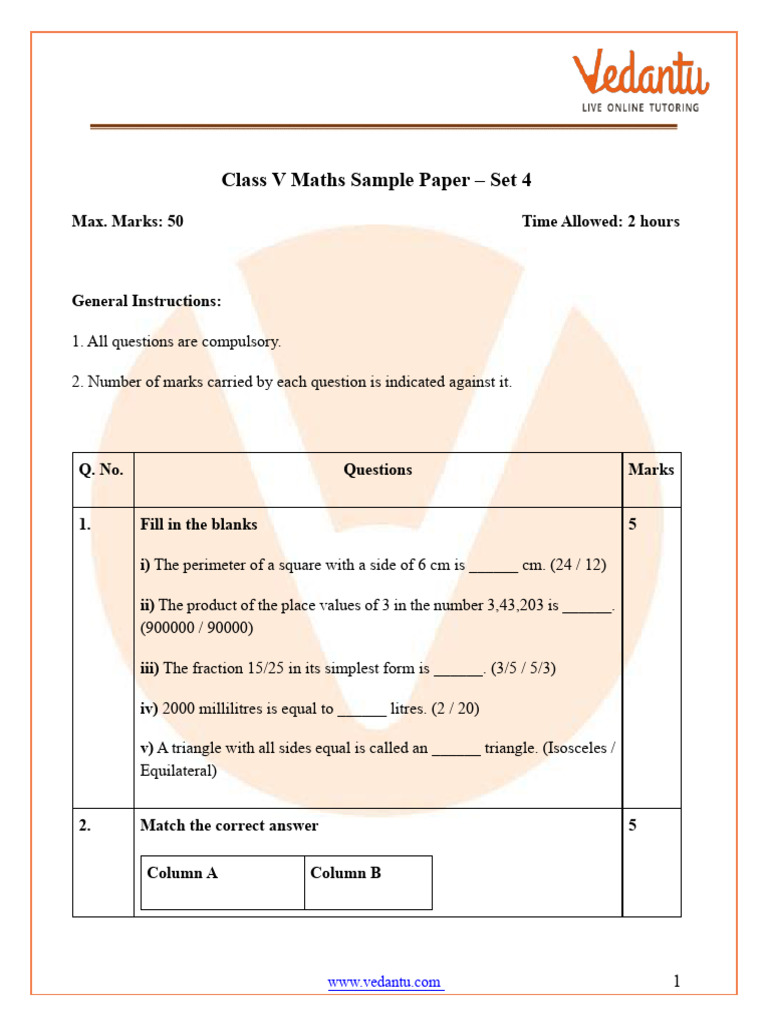 CBSE Class 5 Maths Sample Paper Set 4 With Solutions FREE PDF - (2024 ...