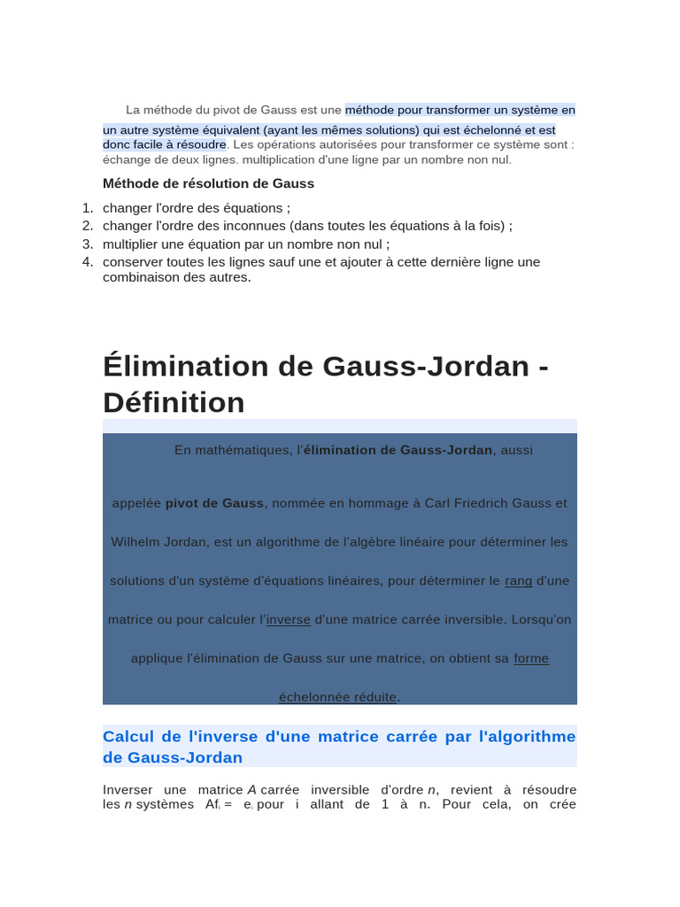 Méthode du Pivot de Gauss-Jordan | PDF | Matrice (Mathématiques) | Algèbre