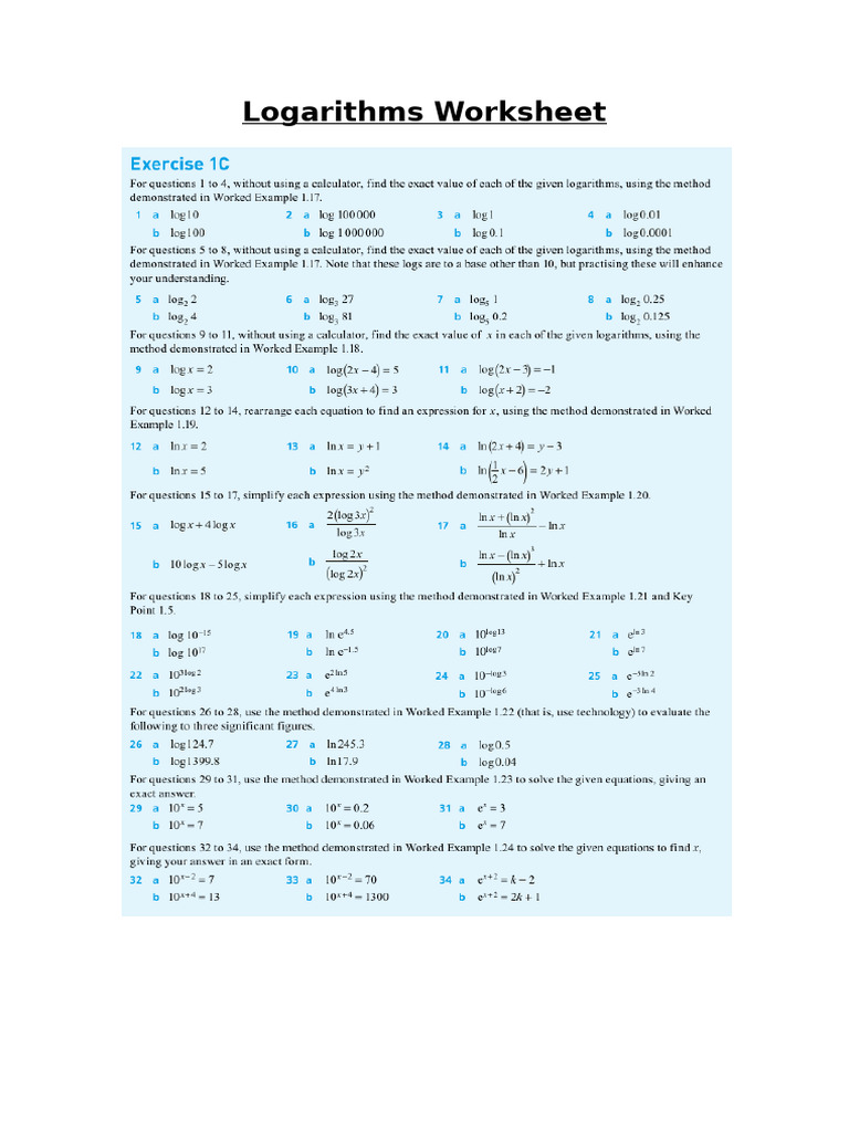 Logarithms Worksheet | PDF