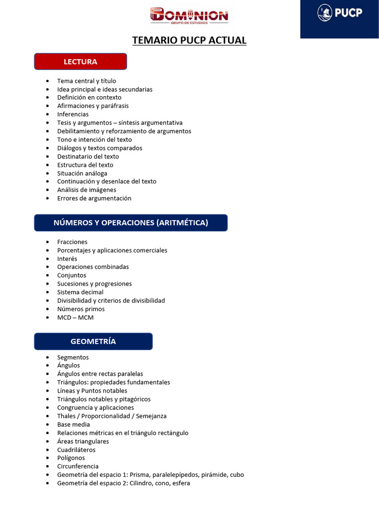 Temario PUCP - Actualizado - 4 de Setiembre | PDF