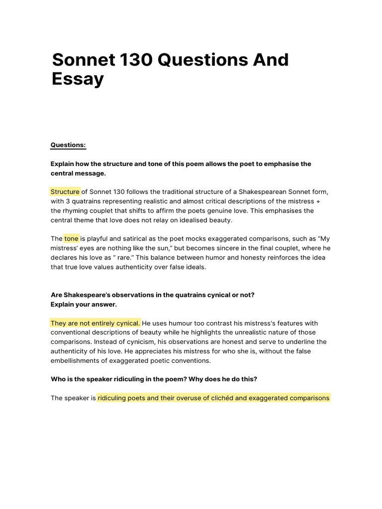 Poems (Sonnet 130) Essay and Questions With Answers | PDF | Poetry ...