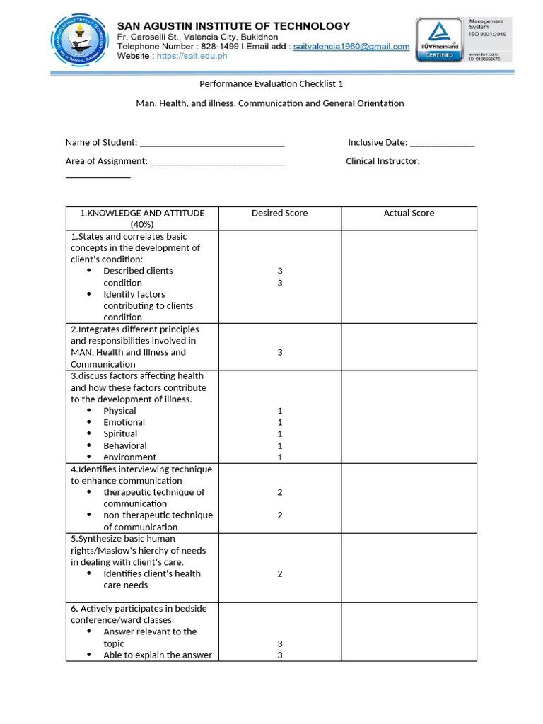 Performance Evaluation Checklist for Healthcare Students | PDF ...