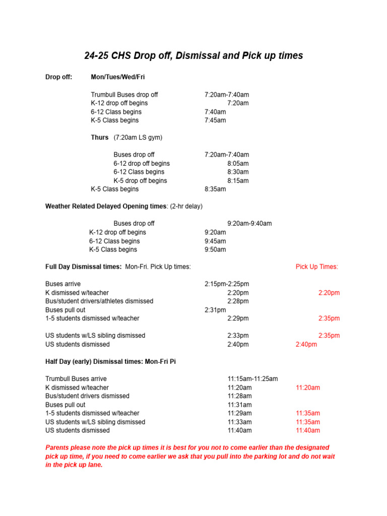 Drop Off Dismissal and Pick Up Times | PDF