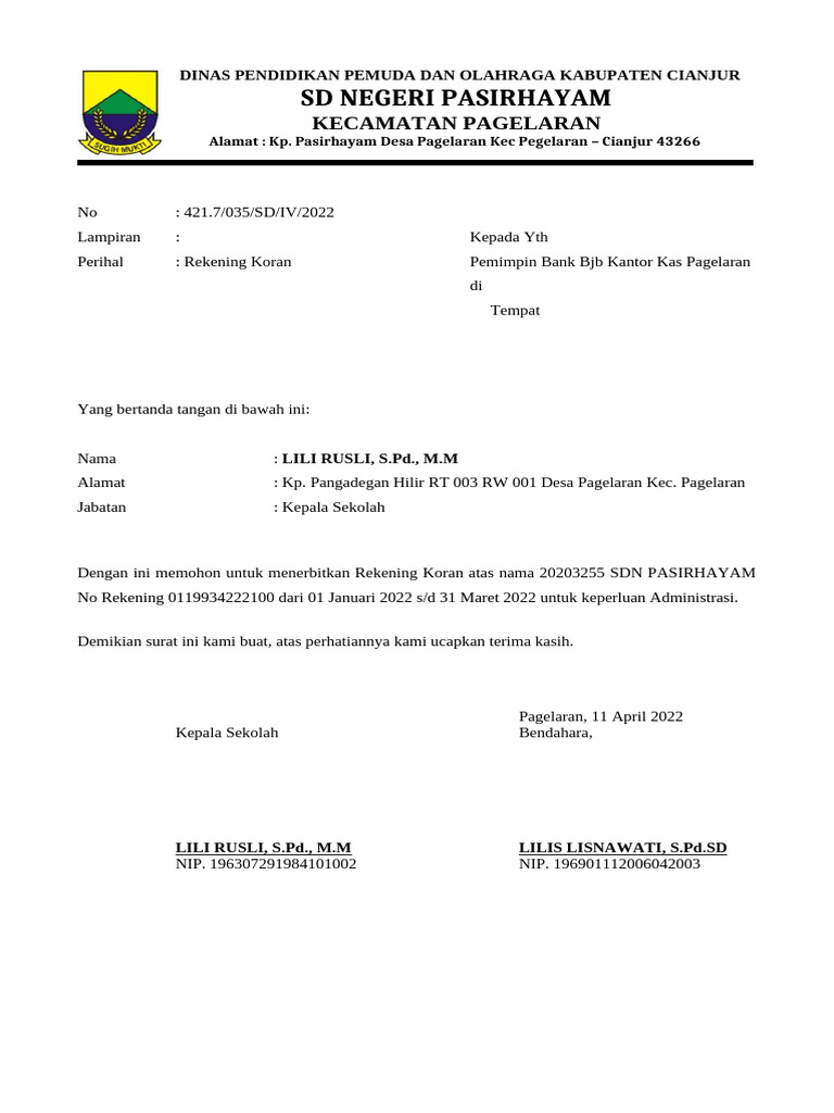 Surat Permohonan Rekening Koran PSH 2022 | PDF