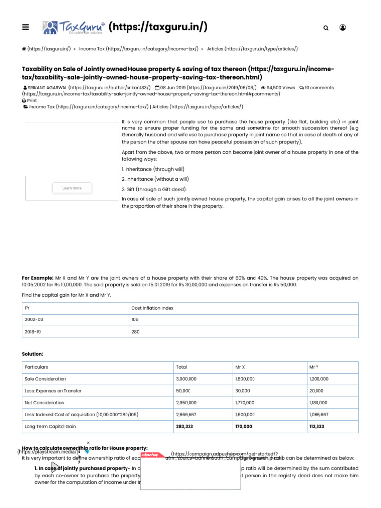 Taxability On Sale of Jointly Owned House Property & Saving of Tax - Thereon | PDF | Capital ...