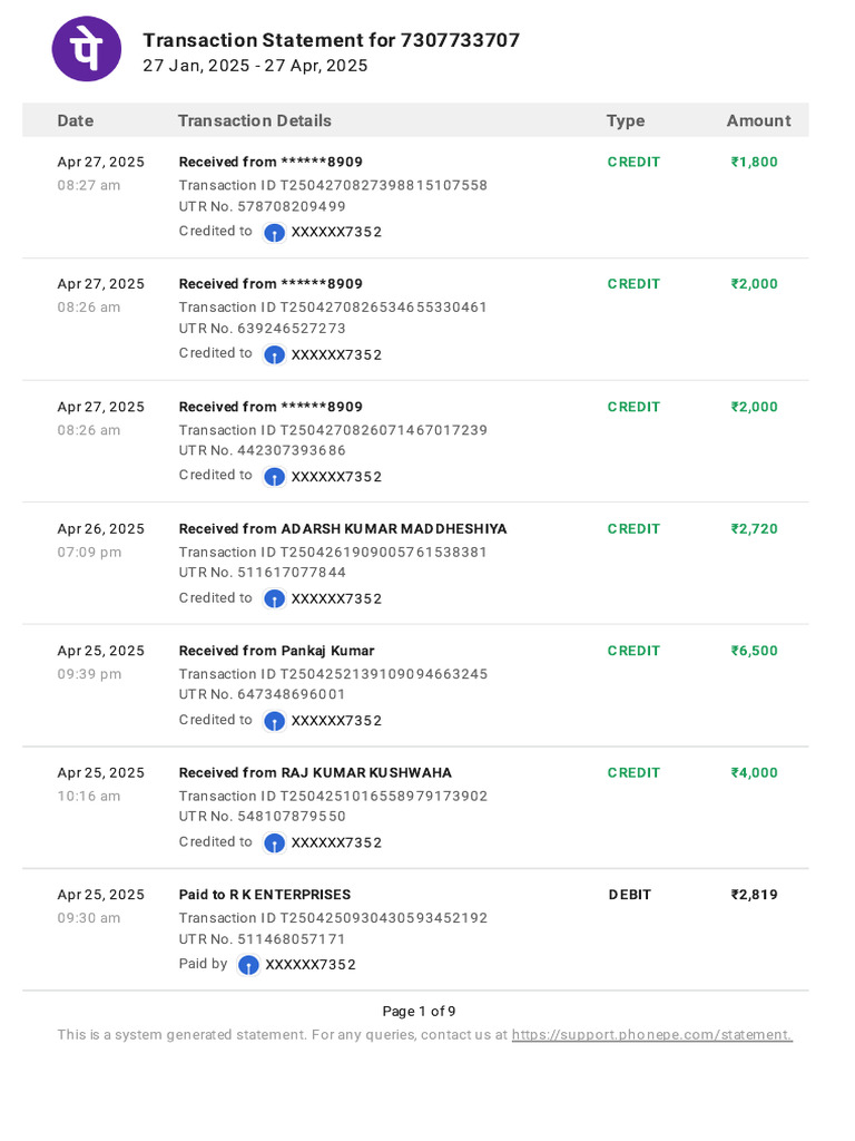 PhonePe Statement Jan2025 Apr2025 | PDF | Debit Card | Debits And Credits