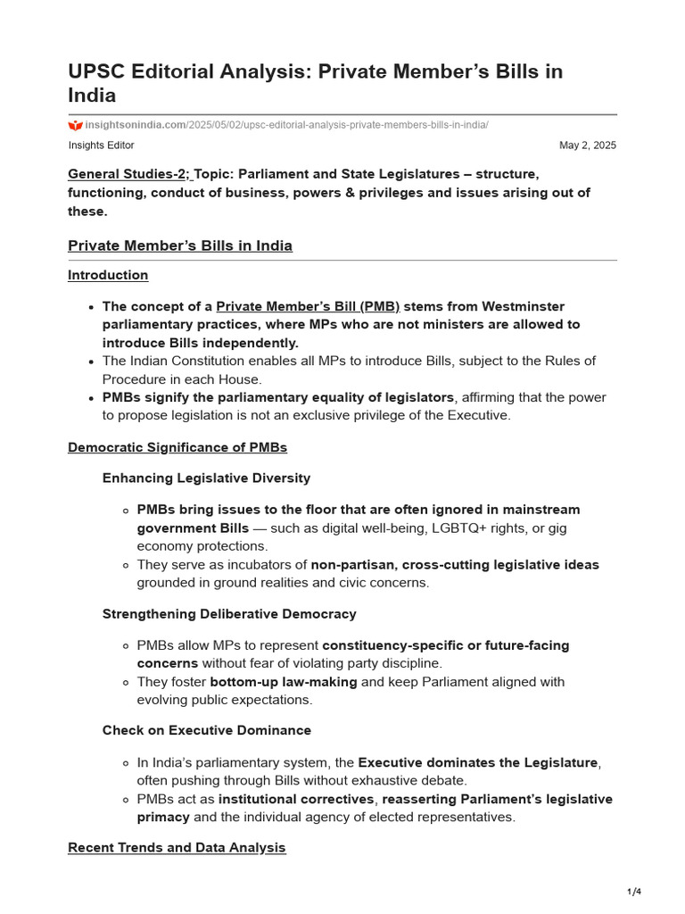 Insights on Private Member Bills in India | PDF | Bill (Law) | Member ...