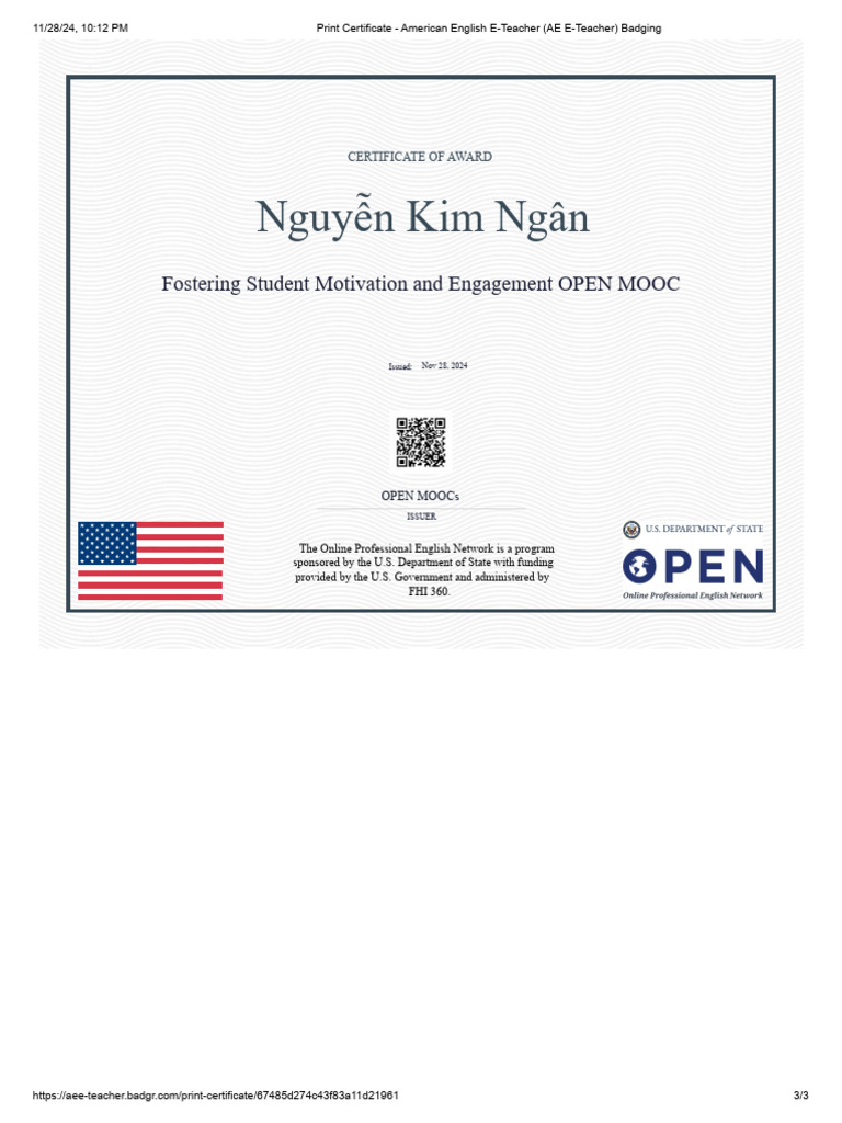 Print Certificate - American English E-Teacher (AE E-Teacher) Badging | PDF
