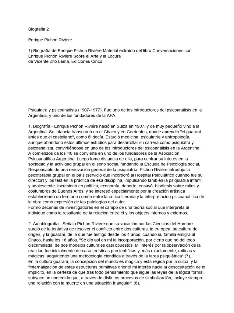 Biografía de Enrique Pichon Rivière | PDF | Psicoanálisis | Sicología
