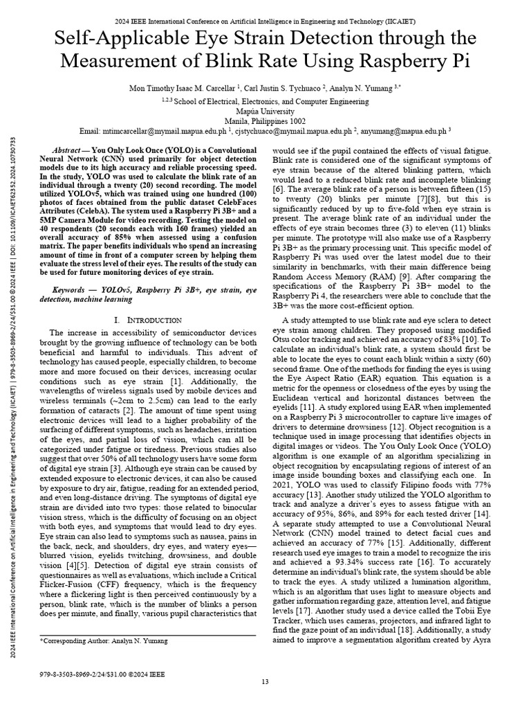 Self-Applicable Eye Strain Detection Through The Measurement of Blink Rate Using Raspberry Pi | PDF