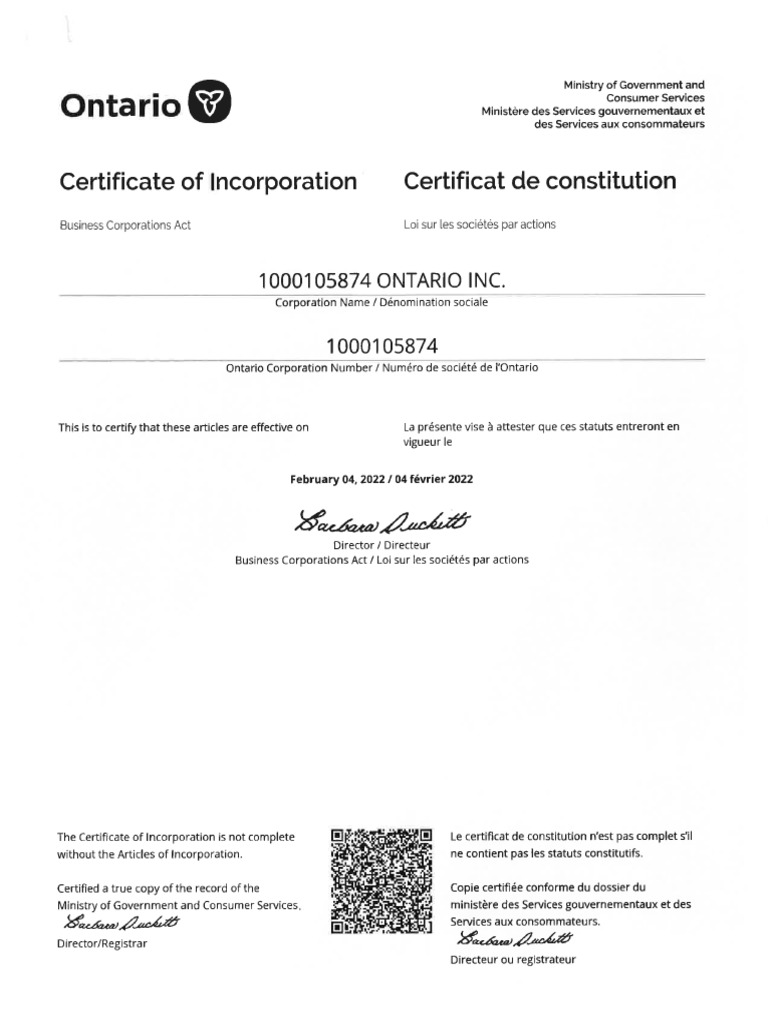 Ontario Corporation Incorporation Certificate | PDF | Liquidation ...