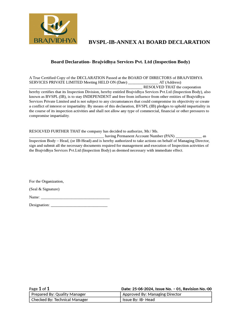 BVSPL-IB-Annex A1 Board Declaration | PDF