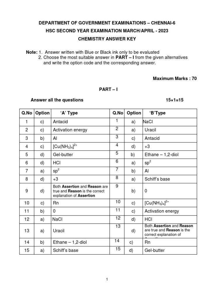 Class 12 Chemistry Exam Answer Key | PDF | Chemical Bond | Germanium
