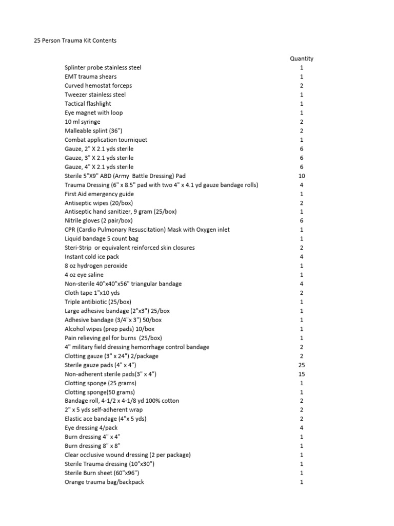 25-Person Trauma Kit Contents List | PDF | First Aid