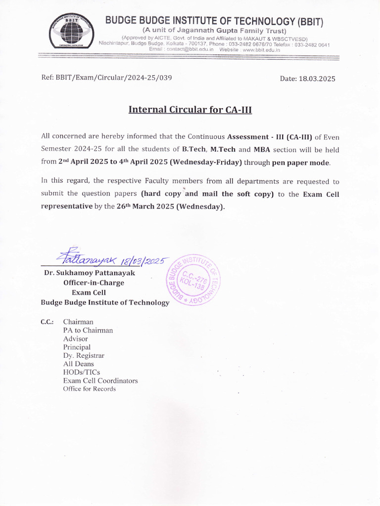 Internal Circular CA-3 For Faculty | PDF