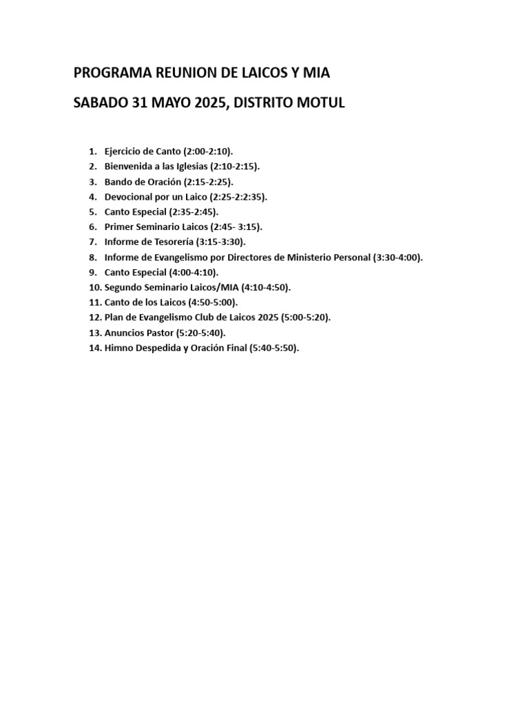 Programa Reunion de Laicos y Mia Sabado 31 Mayo 2025 | PDF