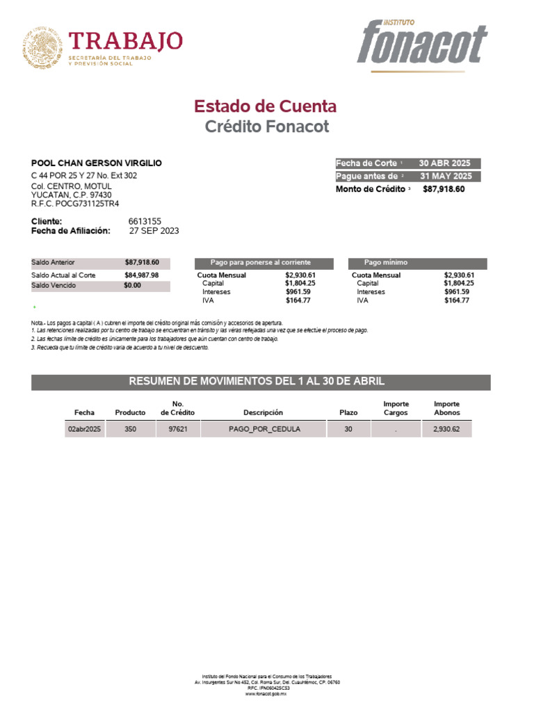 Estado de Cuenta: Crédito Fonacot | PDF | Bancario | Dinero