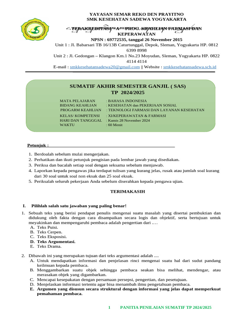 2024 - KUMER - SAS - Soal Kelas XI Bahasas Indonesia | PDF