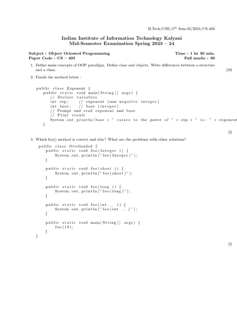CS 403 MidSem Spring 2023-2024 Object Oriented Programming | PDF | Object Oriented Programming ...