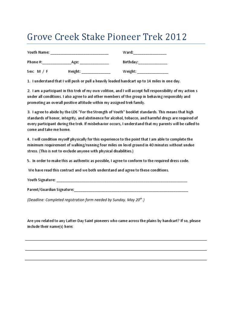 Grove Creek Stake Pioneer Trek 2012 Registration Form | PDF | Telephone ...