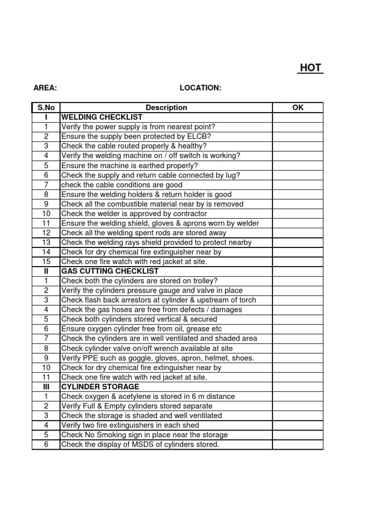 Hot Work Inspection Check List: Area: Location | PDF | Gases ...