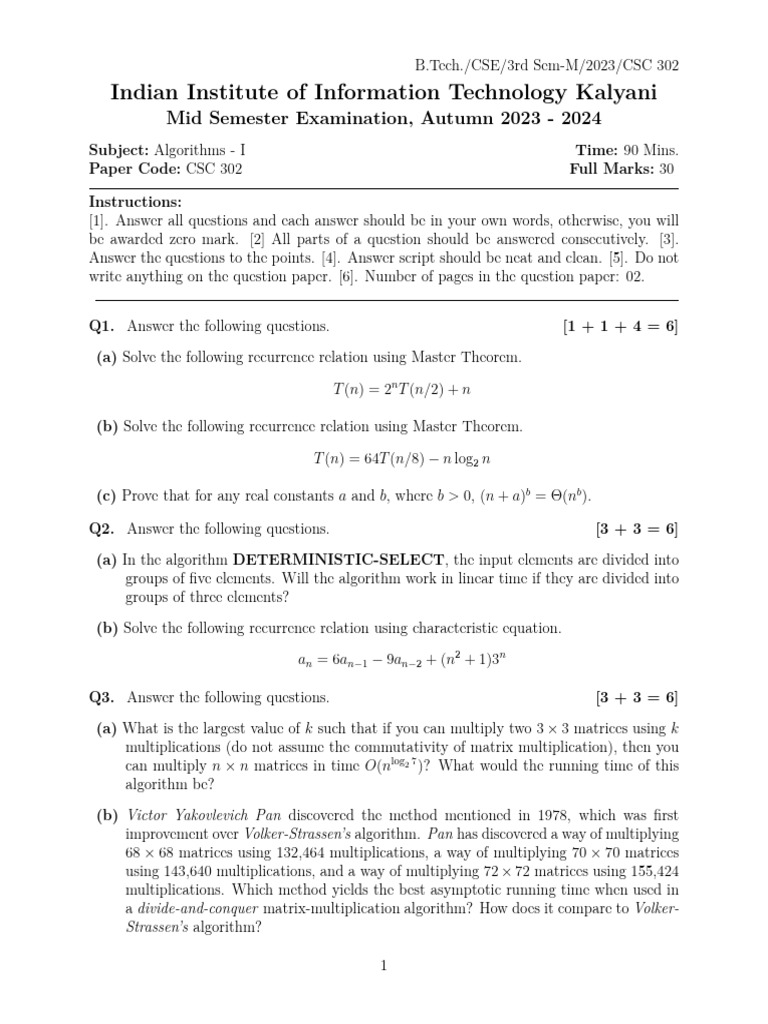 CSC 302 MidSem Autumn 2023-2024 Algorithms - I | PDF | Numerical Analysis | Matrix Theory