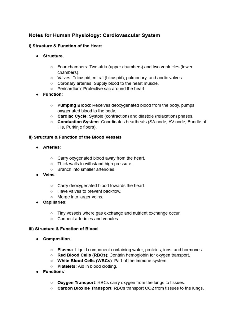 Notes For Human Physiology - Cardiovascular System | PDF