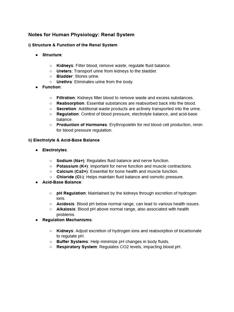 Notes For Human Physiology - Renal System | PDF