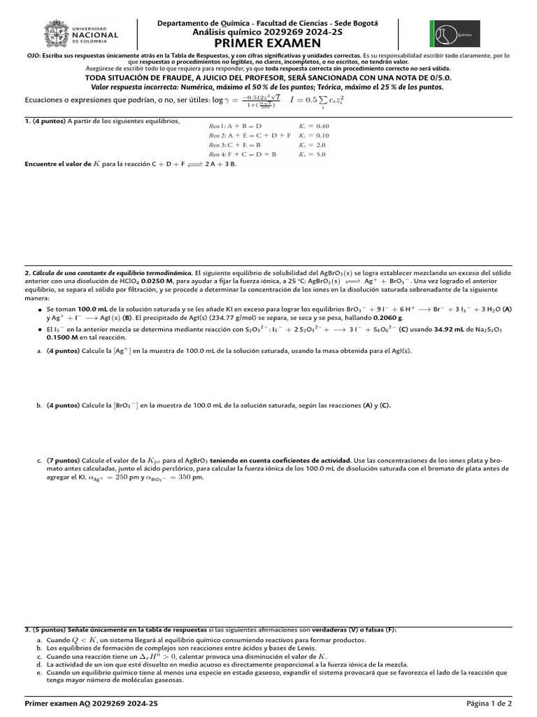 Primer Examen AQ 2024 2S Sin Respuestas | PDF | Equilibrio químico | Química