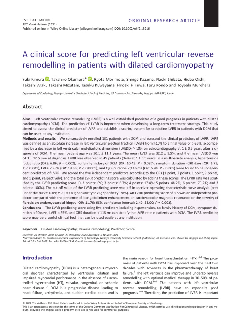 Contoh Journal A Clinical Score For Predicting Left Ventricular Reverse Remodelling in DCM | PDF ...