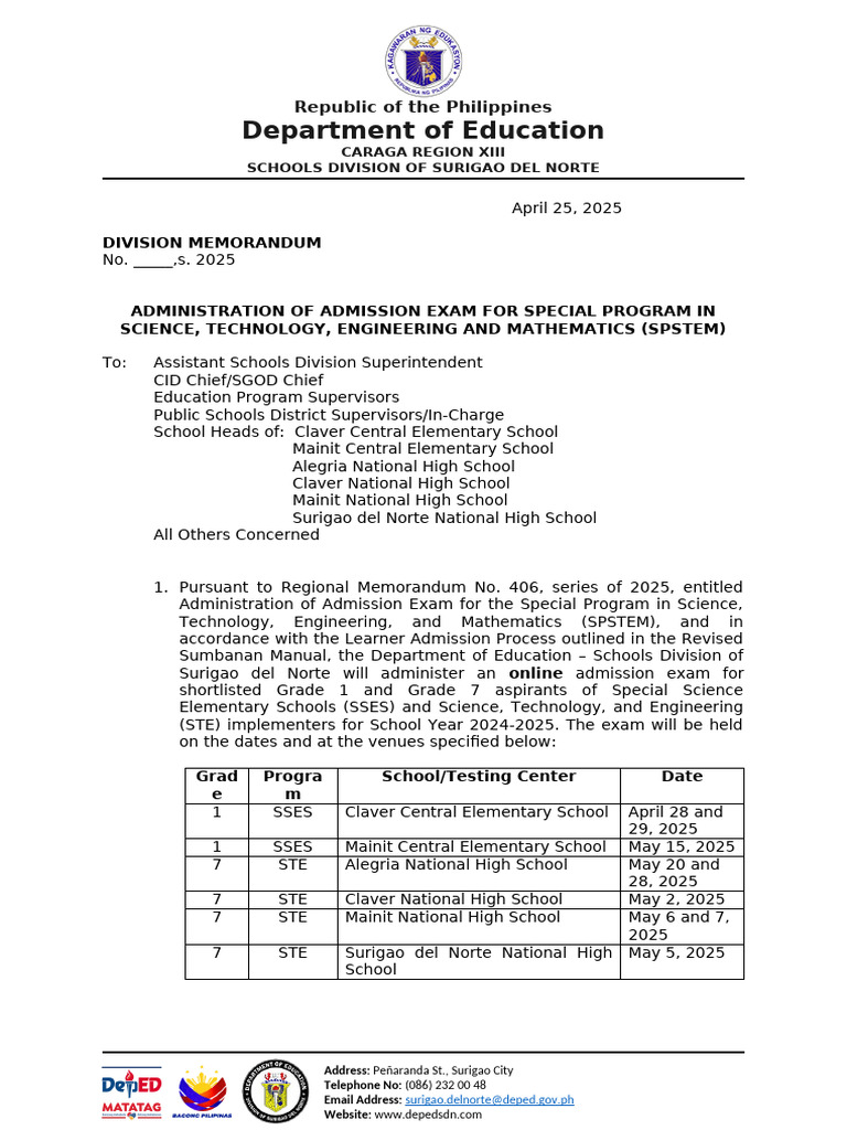Div Memo-Admission Exam for SSES and STE.edited | PDF