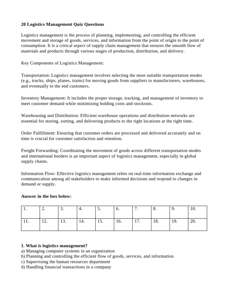 Logistics Management Quiz Questions | PDF | Logistics | Warehouse