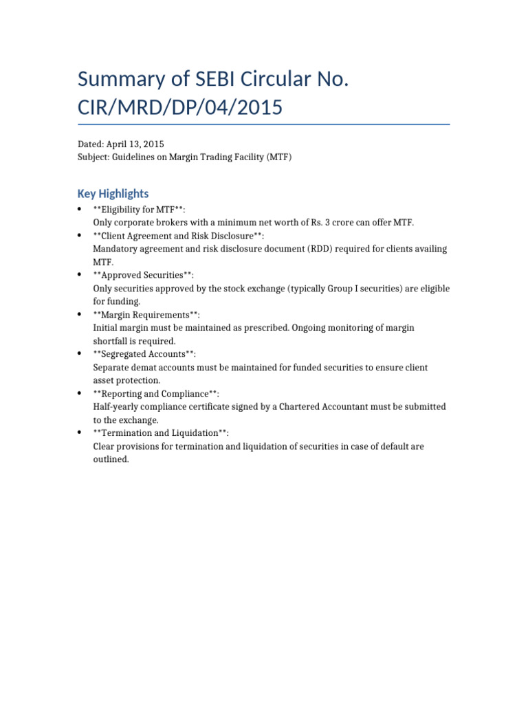 SEBI Circular MTF Summary | PDF