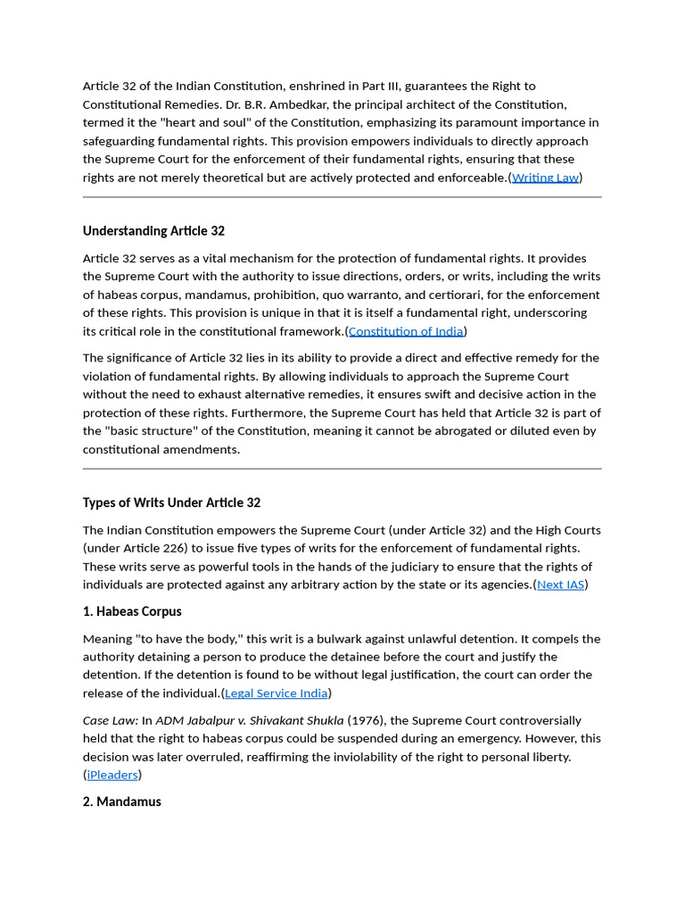 Article 32 of The Indian Constitution | PDF | Writ | Habeas Corpus