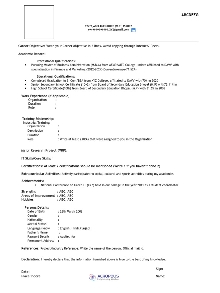 MBA Master Resume Format | PDF | Master Of Business Administration ...