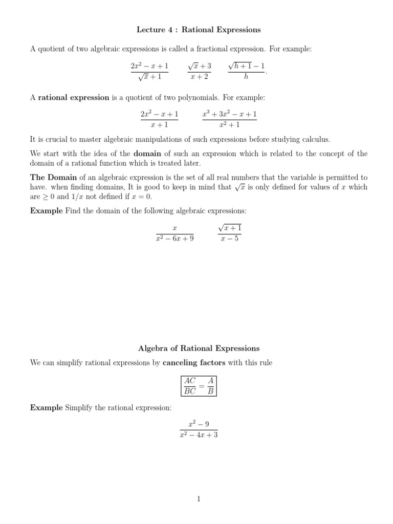 Lecture 4, Rational Expressions | PDF | Rational Number | Elementary Mathematics