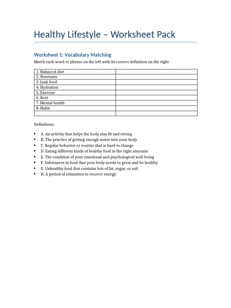 Healthy Lifestyle Worksheet | PDF | Healthy Diet | Meditation