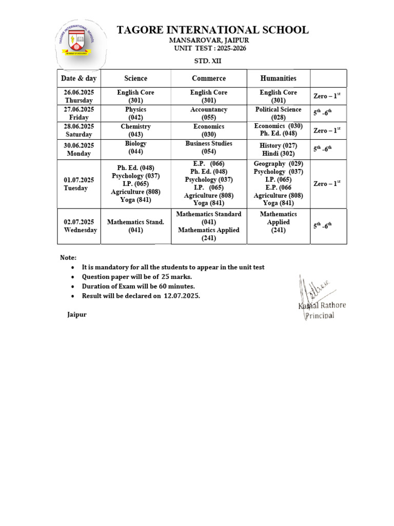 Unit Test Timetable Xii 2025 | PDF
