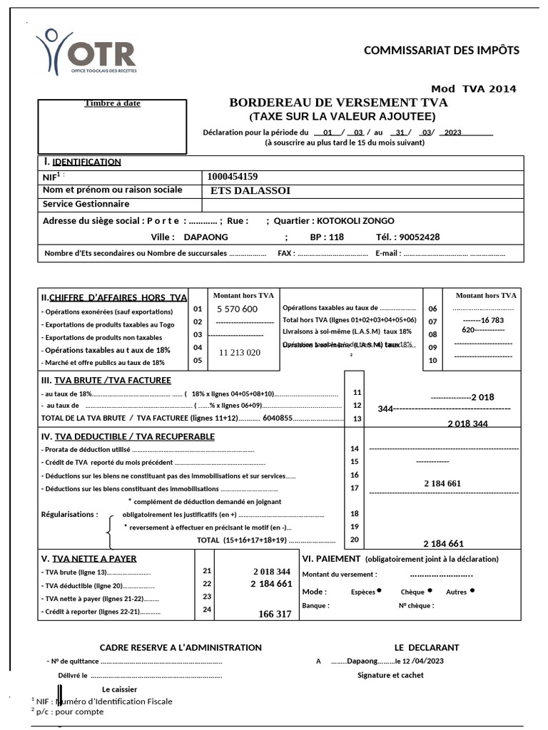 Déclaration TVA CA3 2023 Exemple | PDF | Facture | Taxe sur la valeur ...