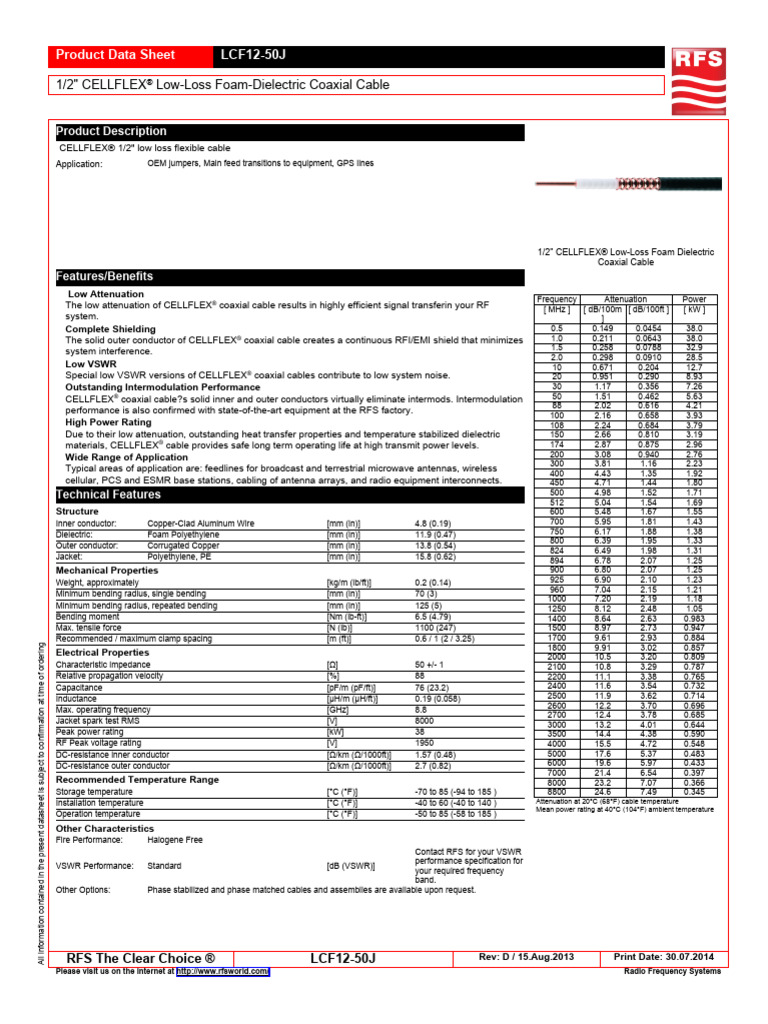 Cellflex LCF12-50J | PDF | Coaxial Cable | Electrical Engineering