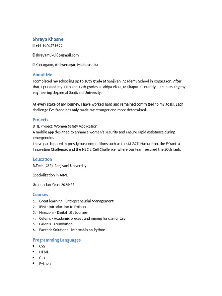 Shreya Khasne: Engineering Student Profile | PDF
